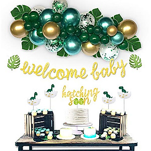 Homond Dinosaur Baby Shower Decorations for Boy, Dinosaur Balloons Garland Kit for Baby Shower, Dinosaur Party Supplies, Welcome Baby Banner, Hatching Soon Cake Topper