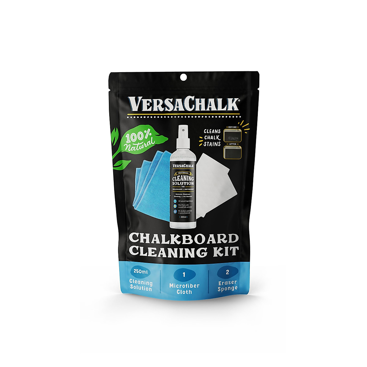 100% Natural Chalkboard Cleaner Spray and Eraser Kit by VersaChalk (250 mL) - Remove Liquid Chalk Marker Ink from Chalk Board Signs, Whiteboard, Dry Erase Marker Board, and Blackboard