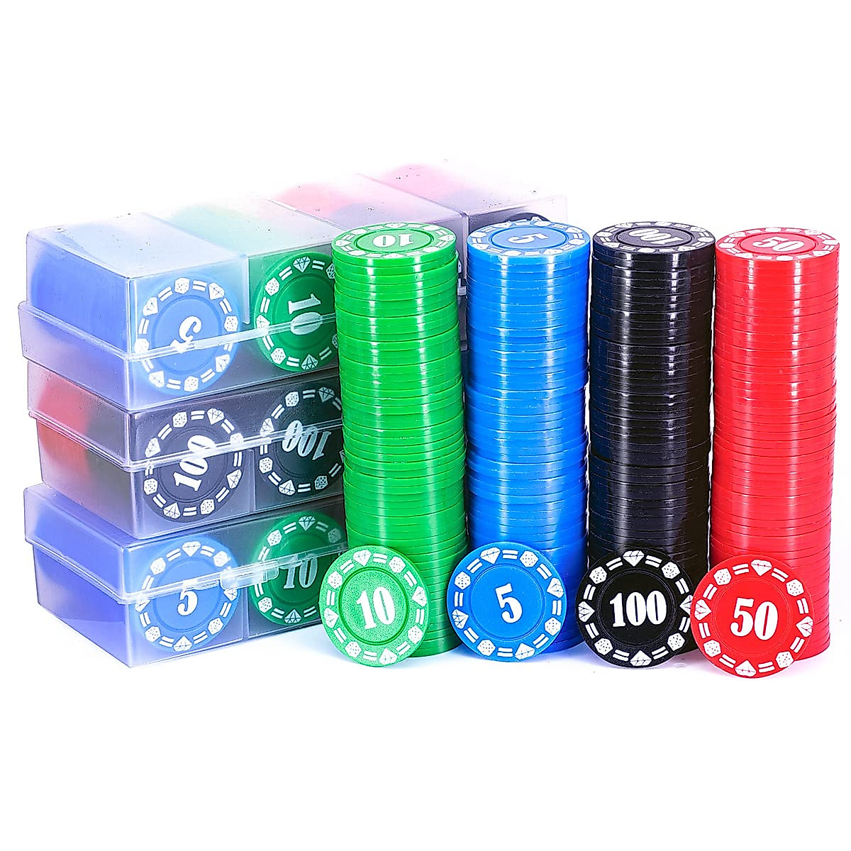 Plastic Poker Chips 300 Poker Chip Set with Storage Box,Denomination Printed Casino Style Chip for Texas Home Game Nights,Holdem Poker Nights,Blackjack or Roulette Games,Casino Parties (300 pcs)