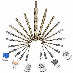 NordWolf 21-Piece M35 Cobalt Drill Bit Set for Stainless Steel, Hard Metals & Cast Iron, Jobber Length with 1/4" Hex Shank, SAE Sizes 1/16" to 1/2" in Storage Case