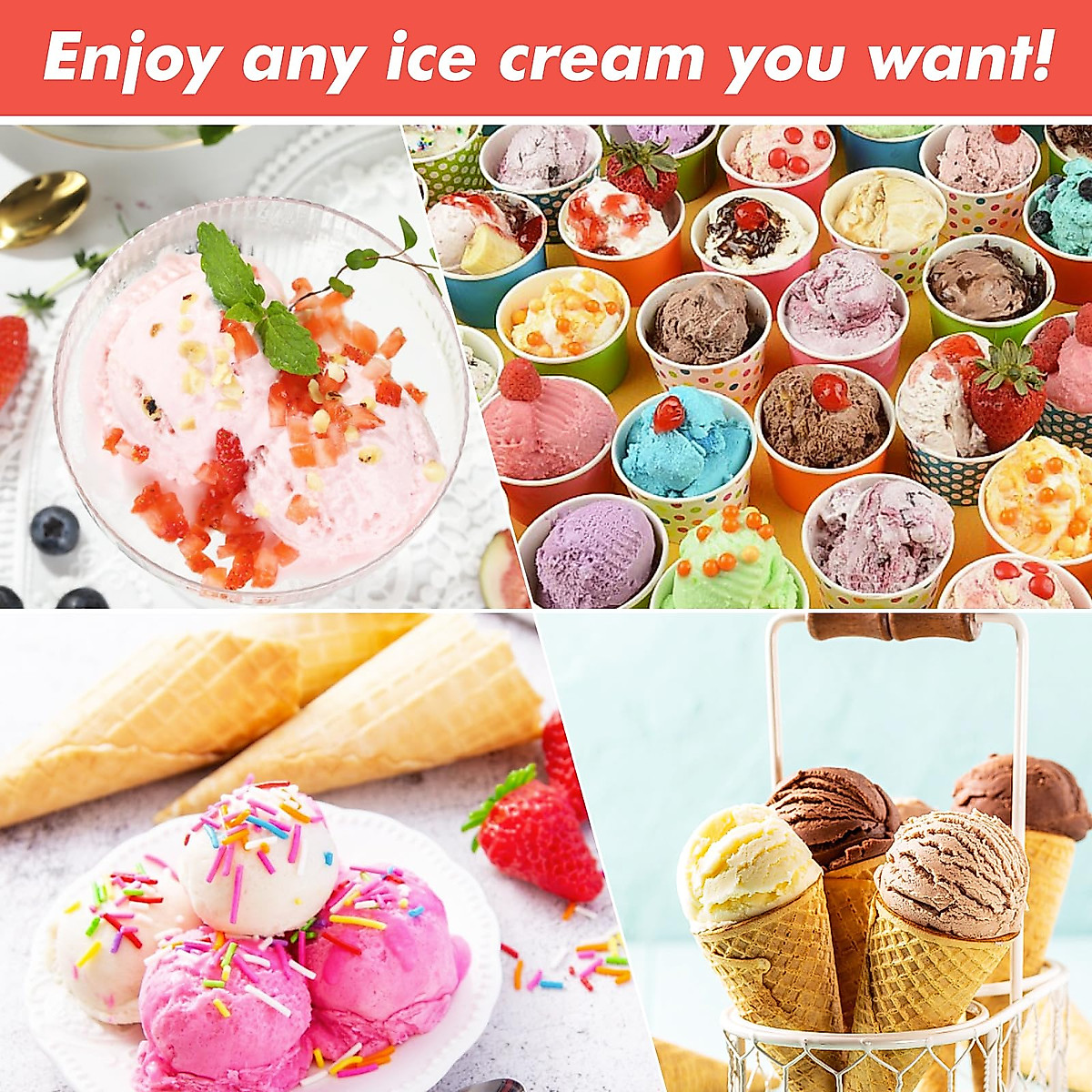 newkaijian Replacement For Ninja Creami Deluxe Pints and Lids-4 Pack & BPA Free, Dishwasher Safe, Colorful Lids, Clear Ice Cream Cups 16oz Compatible with NC300 NC299AMZ Ice Cream Maker