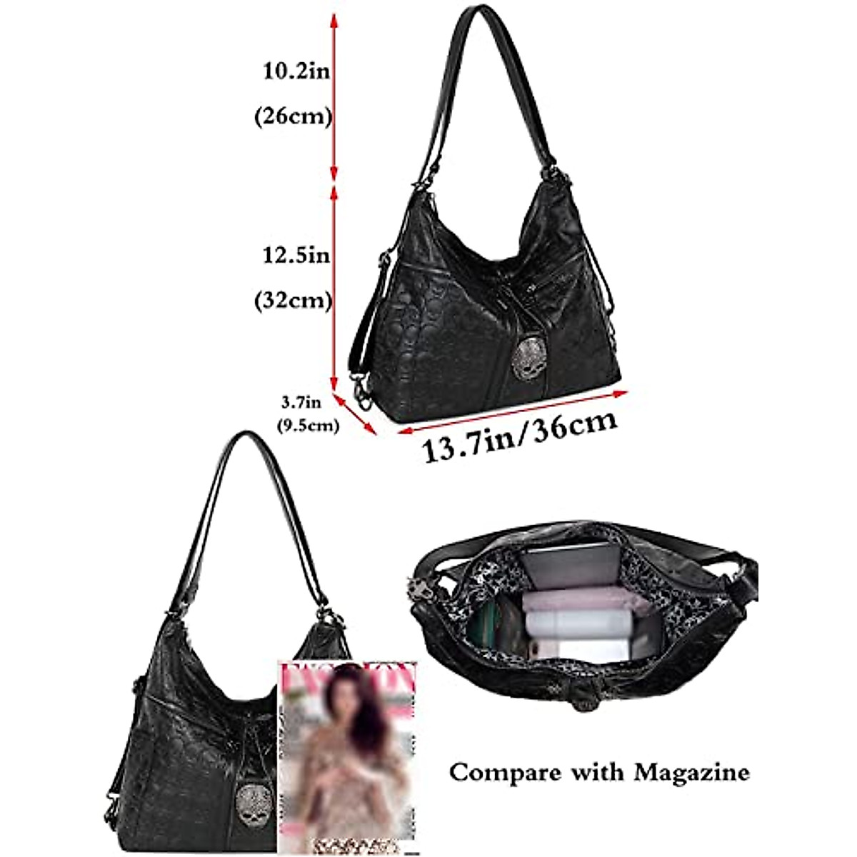 Downupdown Women Handbag Print Shoulder Bag Skull Rivet Crossbody Satchel Messenger Large Tote Purse Handbag (Black1)