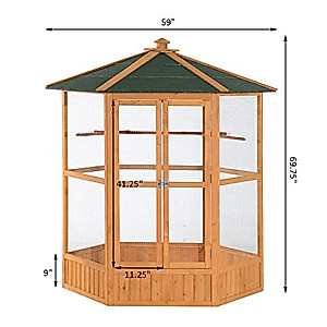 PawHut 69" Large Wooden Hexagonal Outdoor Aviary Flight Bird Cage with Covered Roof