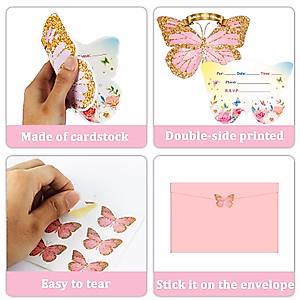 Qyeahkj 36pcs Butterfly Birthday Invitations for Girls with Envelopes Stickers Floral Butterfly Party Celebration Party Supplies Favors for Kids Boys Baby Shower Wedding Decorations