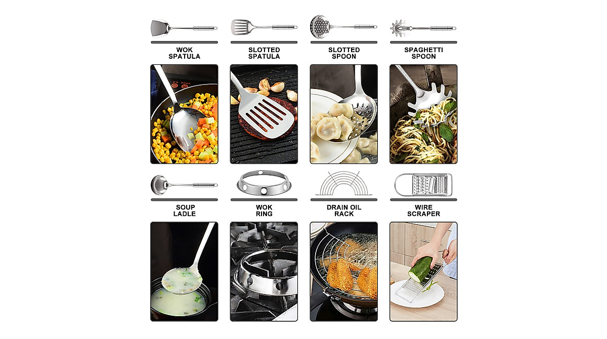 DZZIT 13-Inch Carbon Steel Wok Set with Accessories and Detachable Handle