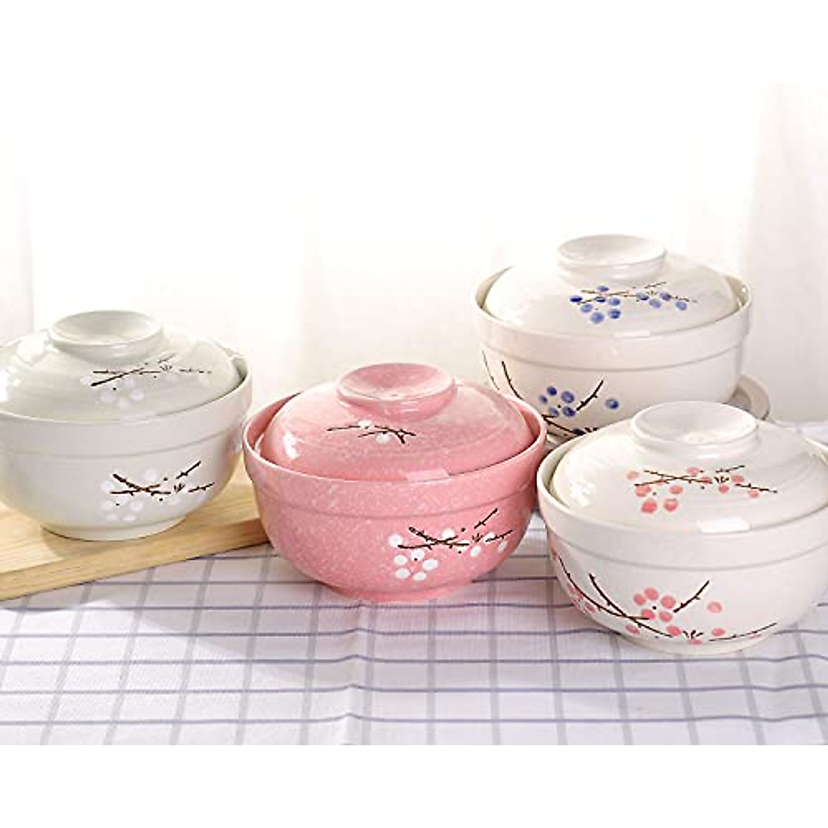 WHJY Japanese Creative Hand-painted Ceramic Tableware with Lid for Soup and Noodles, with Heat Preservation Function, Integrated Bowl and Lid - Blue Plum