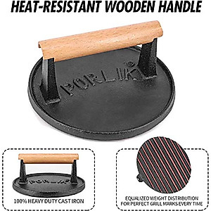 Cast Iron Hamburger Press - Heavy-duty Patty Maker Burger Meat Press Mold with Wooden Handle,7-Inch Round
