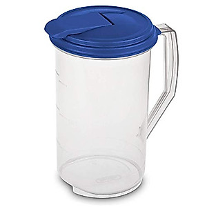 Sterilite 2 Quart Clear Plastic Drink Beverage Pitcher with Leak Proof Lid and Hinged Flip-Top Tab for Picnics, Camping, Events, Blue (6 Pack)