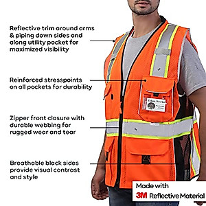 Neopelta Reflective Safety Vest Orange Mesh, Made with 3M Reflective Tape, Heavy Duty Vest with ID pocket, iPad Pocket, Padded Neck, Orange L