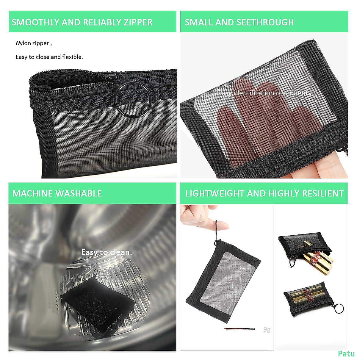 Patu Mini Zipper Mesh Bags, 3" x 4", Size XS / A8, 5 Pieces, Keychain Pouch Key Holder, Coin Purse, Clear Travel Kit Small Item Cosmetic Organizer, Black