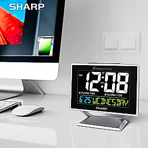 Sharp Desktop Dual Alarm Clock with Color Display - Atomic Accuracy - Calendar & Day of Week Time/Date Display