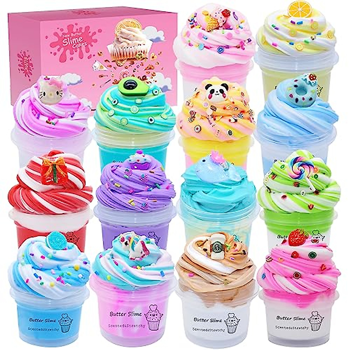 FJAZUFSA 14 Pack Dual Colors Butter Slime Kit, Soft & Non-Sticky,Birthday Gifts for Girl and Boys, Easter Party Favors or Christmas Stocking fillers