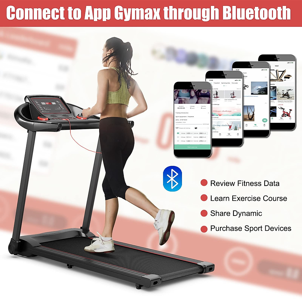 Goplus 2.25HP Folding Treadmill, Portable Electric Superfit Treadmill W/APP Control, 12 Preset Programs, Blue Tooth Speaker, LED Display, Walking Running Machine for Home Office