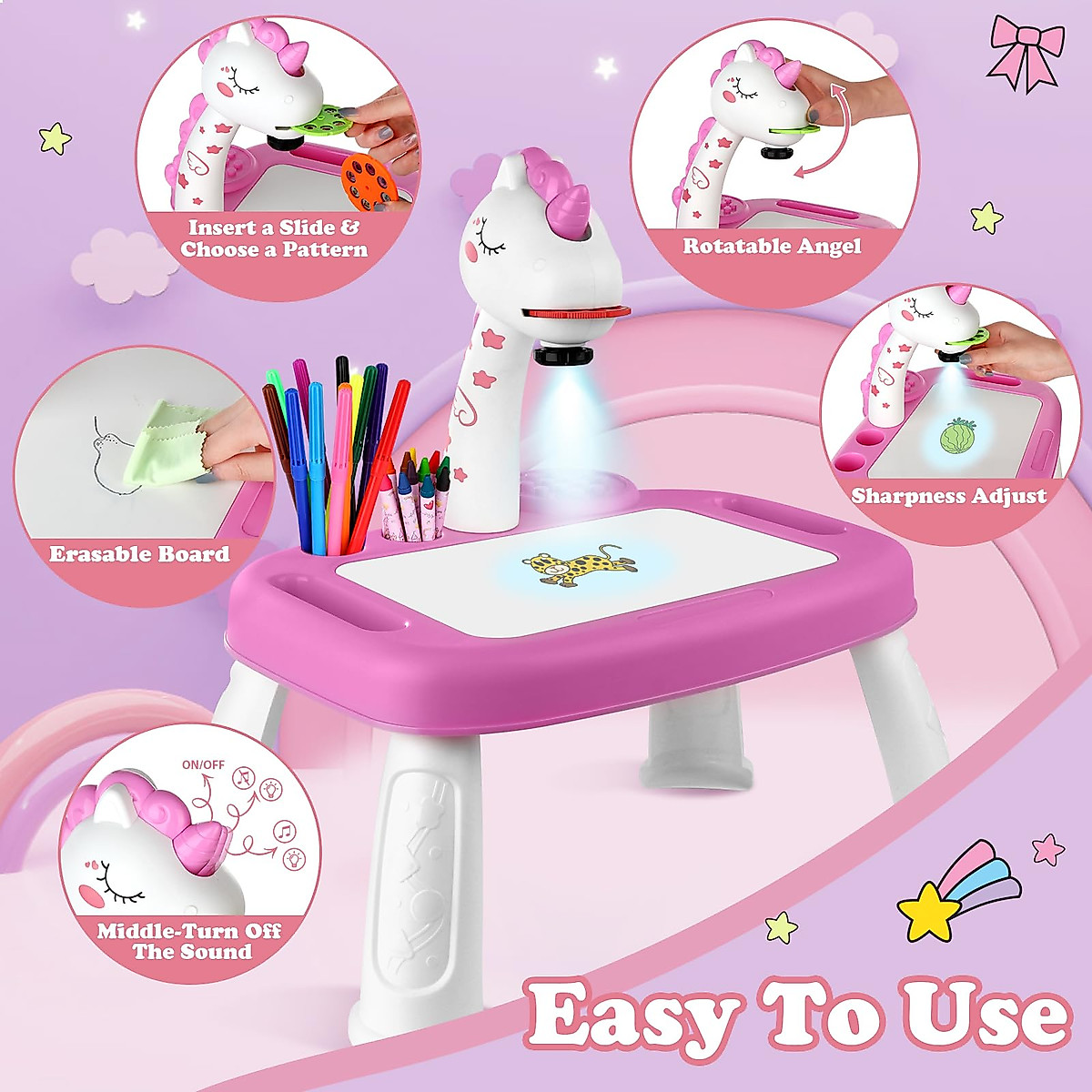 Unicorn Drawing Projector Table Set for Kids Girls Include Unicorn Art Supplies, Pink Doodle Sketcher Table Kit Toddler Tracing and Painting Projection