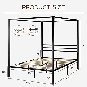 ikalido Queen Size Metal Canopy Bed Frame, Modern Four-Poster Platform Bed Frame, Mattress Foundation with Wood Slat Support/Under-Bed Storage Space/No Box Spring Needed/Black