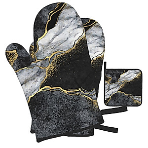 Oven Mitts and Pot Holders Sets of 3 Black Marble Gold Crack Kitchen Potholder Gloves Heat Resistant Non-Slip for Chef Baking Cooking Grilling BBQ Mittens