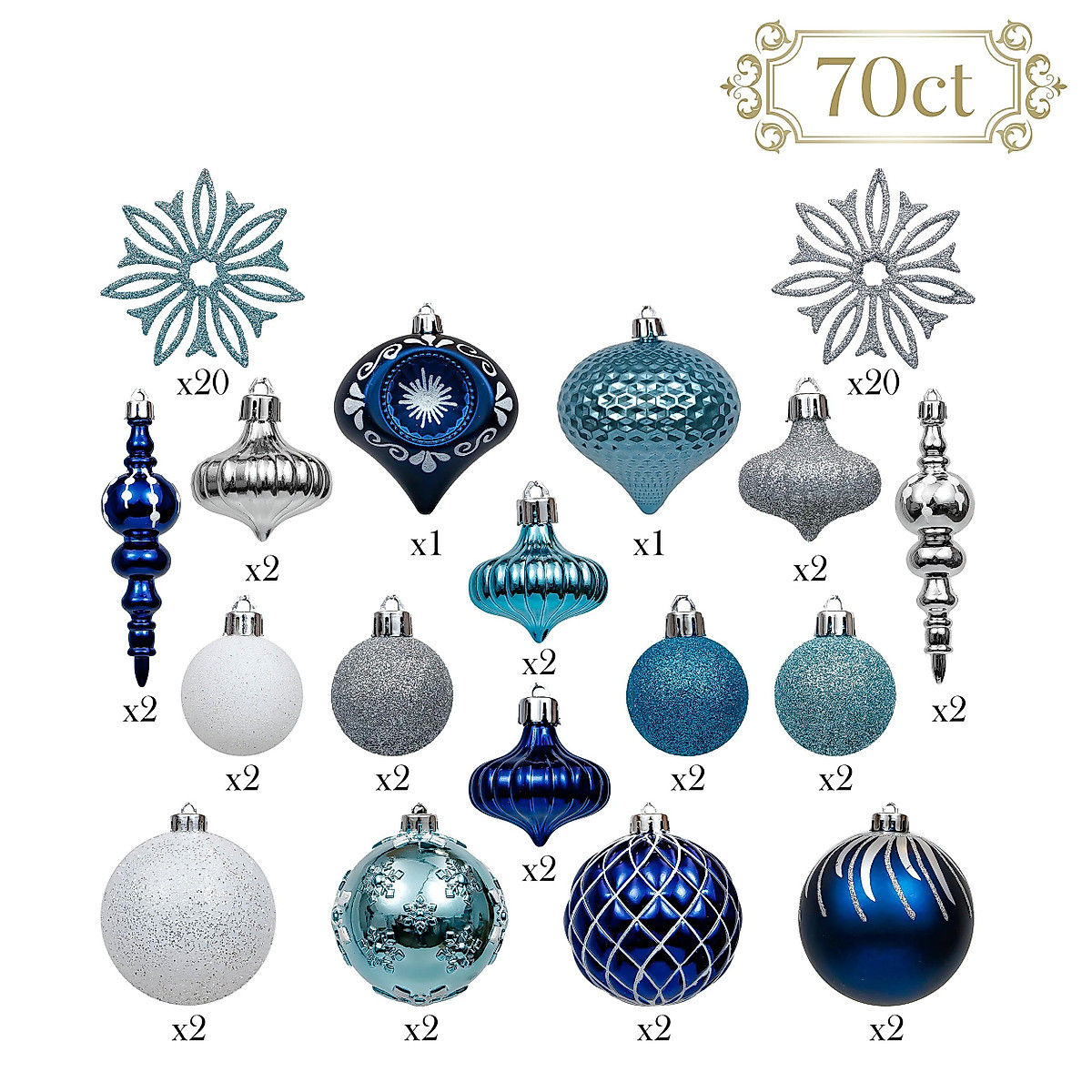 Valery Madelyn Christmas Tree Ornaments, 70ct Navy Blue and Silver Shatterproof Christmas Balls Decoration Set, Winter Wonderland Hanging Tree Ornament Bulk for Xmas Holiday Party Decor