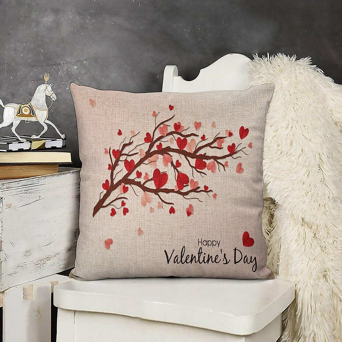 Happy Valentine's Day Throw Pillow Covers 18×18 Pillowcases Set of 2 Love Heart Branch Linen Decorative Square Pillow Case Cushion Covers Standard Size for Sofa Couch Outdoor Bed Pillow Protectors