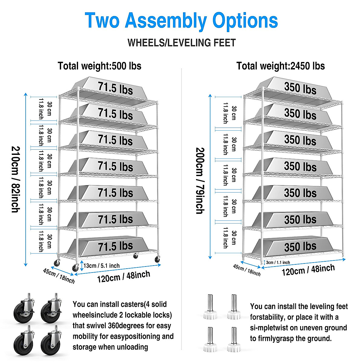 Heavy-Duty Wire Shelving Unit - 7-Tier, 2450lbs Capacity, NSF Certified, Adjustable Metal Storage Rack with Wheels & Liners, 82"H x 48"L x 18"D - Ideal for Kitchen, Garage, Closet, Basement - White