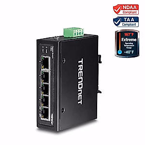 TRENDnet 5-Port Hardened Industrial Gigabit DIN-Rail Switch, 10 Gbps Switching Capacity, IP30 Rated Network Switch (-40 to 167 ºF), DIN-Rail and Wall Mounts Included, Lifetime Protection,Black,TI-G50