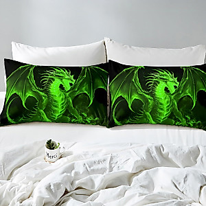 Castle Fairy Green Dragon Bedding Set Kids Boys Games Comforter Cover Flame Wild Animal Duvet Cover Room Decor Green Black Wildlife Bedspread Cover Twin Bedding Collection 2Pcs