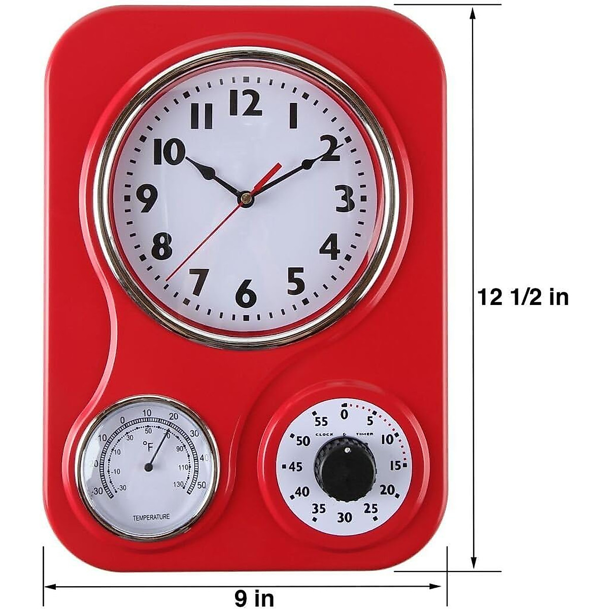 Lily's Home Retro Kitchen Clock with Temperature and Timer (Red)