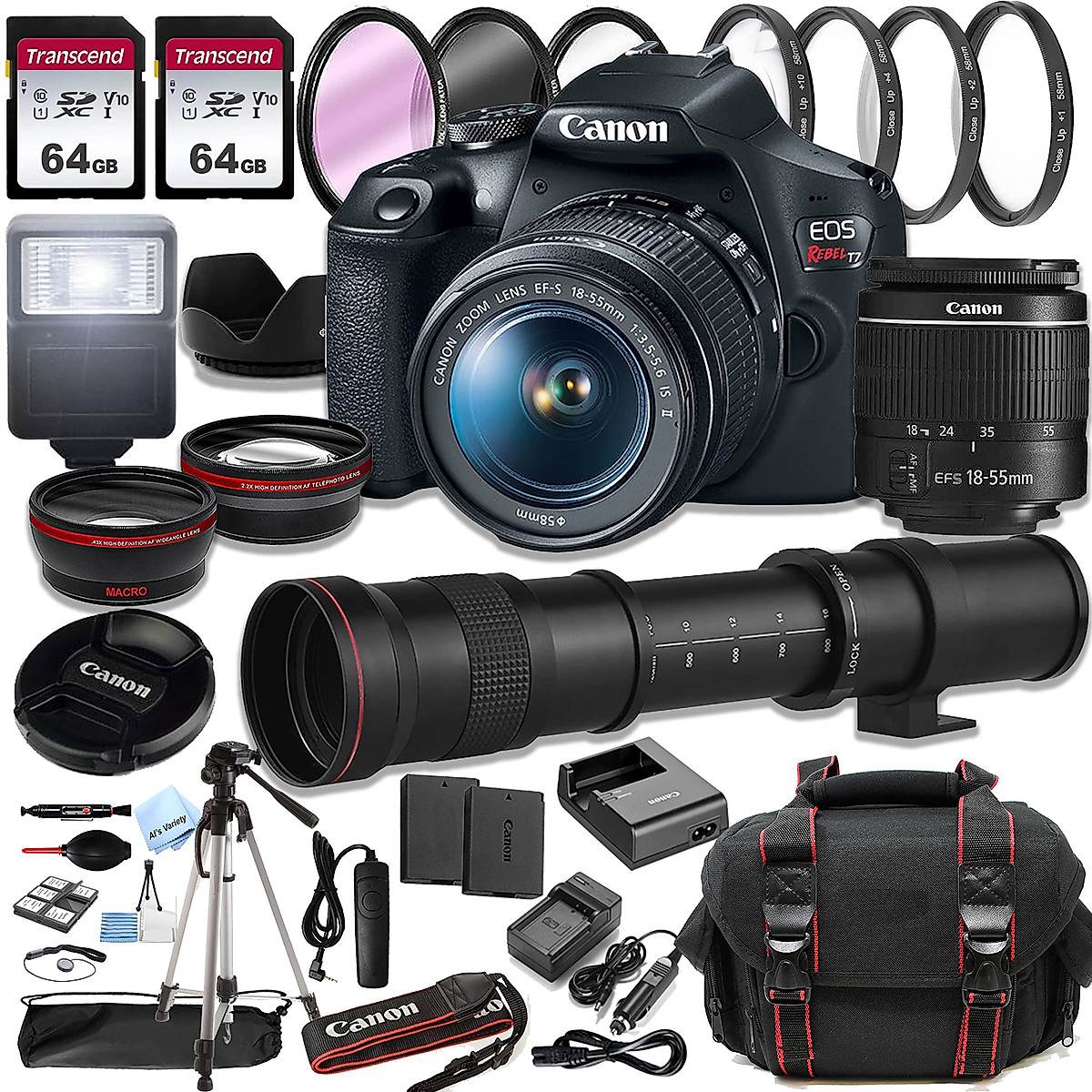 Canon EOS Rebel T7 DSLR Camera w/EF-S 18-55mm F/3.5-5.6 Zoom Lens + 420-800mm Super Telephoto Lens + 128GB Memory + Case + Tripod + Filters (40pc Pro-Bundle)