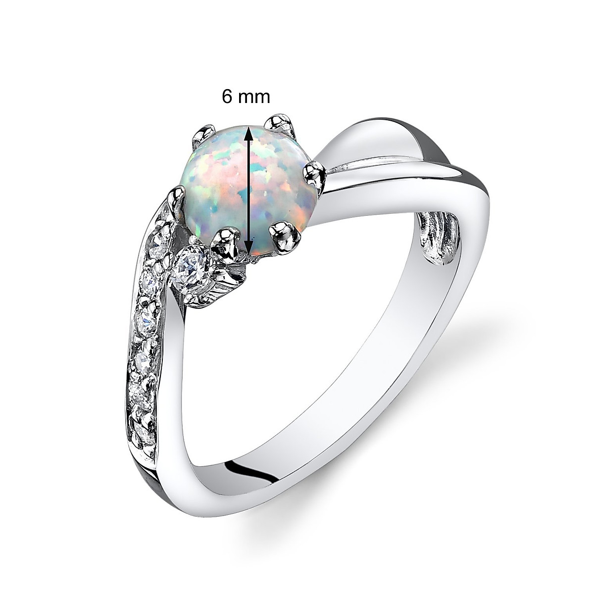 PEORA Created White Fire Opal Ring for Women 925 Sterling Silver, Love Wave Solitaire, Round Shape, Comfort Fit, Size 6