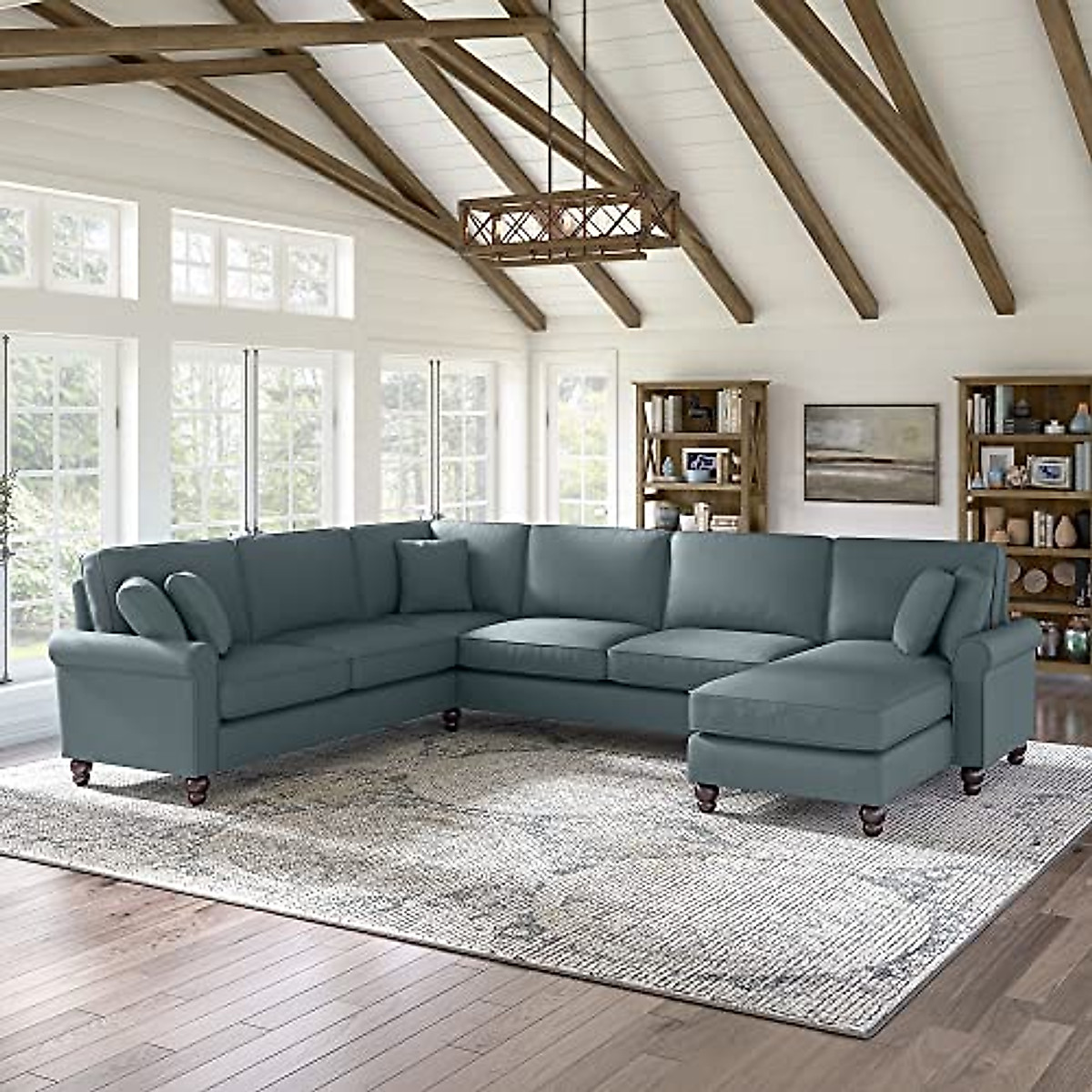 Bush Furniture Hudson U Shaped Sectional Couch with Reversible Chaise Lounge, 128W, Turkish Blue Herringbone