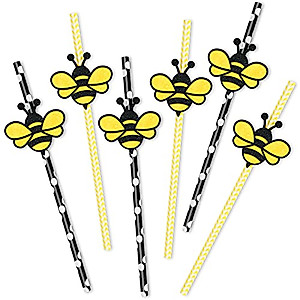 Whaline 100Pcs Summer Paper Straws Glitter Bee Disposable Paper Straws Yellow Black Dot Stripe Bee Decorative Straws Baby Shower Drinking Straw for Bee Day Party Supplies Juices Shakes Cocktail Decor