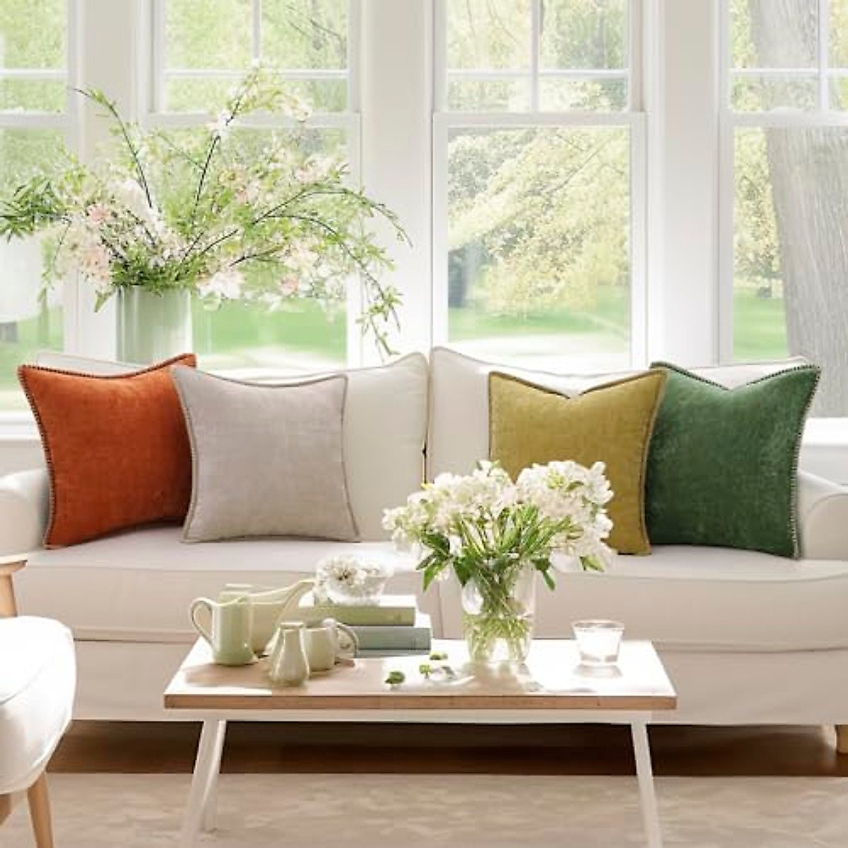 decorUhome Chenille Soft Throw Pillow Covers 18x18 Set of 2, Spring Farmhouse Velvet Pillow Covers, Decorative Square Pillow Covers with Stitched Edge for Couch Sofa Bed, Forest Elf