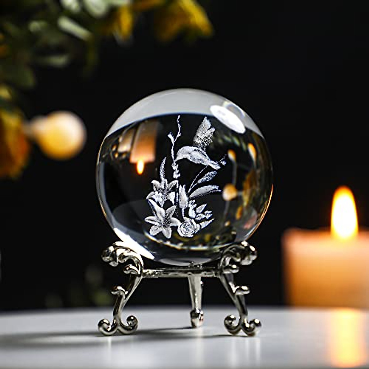 HDCRYSTALGIFTS 3D Hummingbird Crystal Ball Paperweight 60mm(2.3Inch) Laser Engraved Glass Sphere Display Globe Meditation Ball Home Decor with Metal Stand