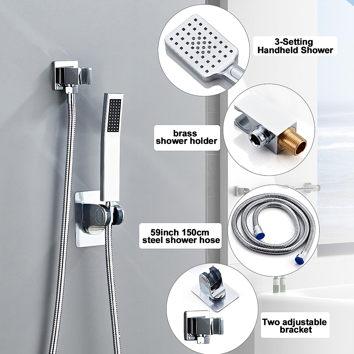 RTOBWEYE 8 Inch Shower Faucet Set High Pressure Rainfall Shower System Ceiling Mount Square Rain Shower Head with Handheld Spray Combo Ceiling Luxury Rainfall Shower Fixtures (L-Style)