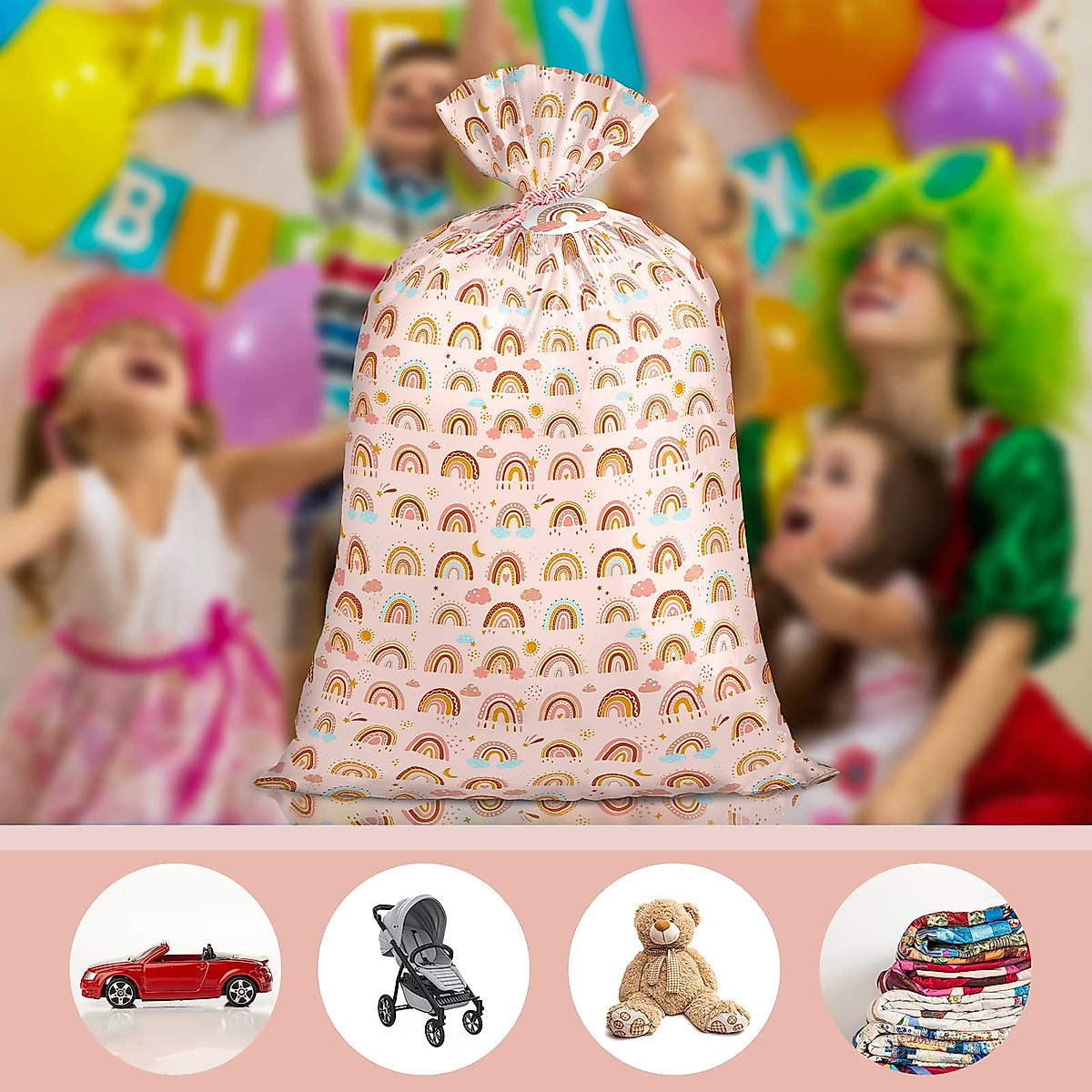 Loveinside Jumbo Large Plastic Gift Bag, Birthday Design Plastic Bag with Tag and Tie for Birthday Party, Graduation, Baby Shower - 56" x 36", 1 Pcs - Pink Rainbow