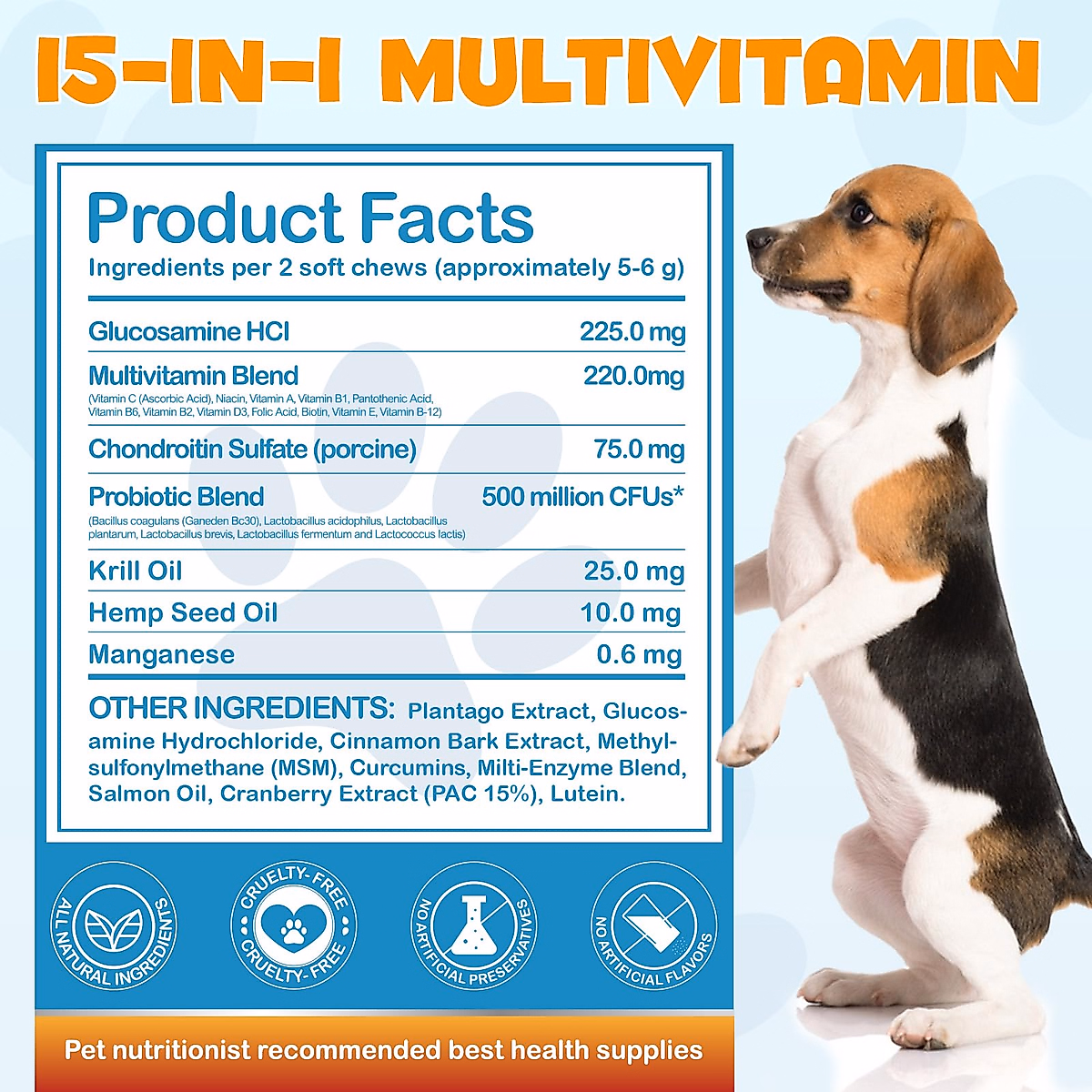 Dogs Multivitamin Chews, for Gut, Skin and Heart Health, Nutrition Supplements for Digestion, Immune System, Dog Treats with Glucosamine, Probiotic, Chondroitin and Hemp Oil, 120 Chews, Duck Flavor