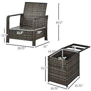 Outsunny 3 Piece Patio Furniture Set, PE Rattan Wicker Storage Table and Chairs w/Tufted Cushions for Outdoor Garden, Backyard, Poolside, Balcony, Beige