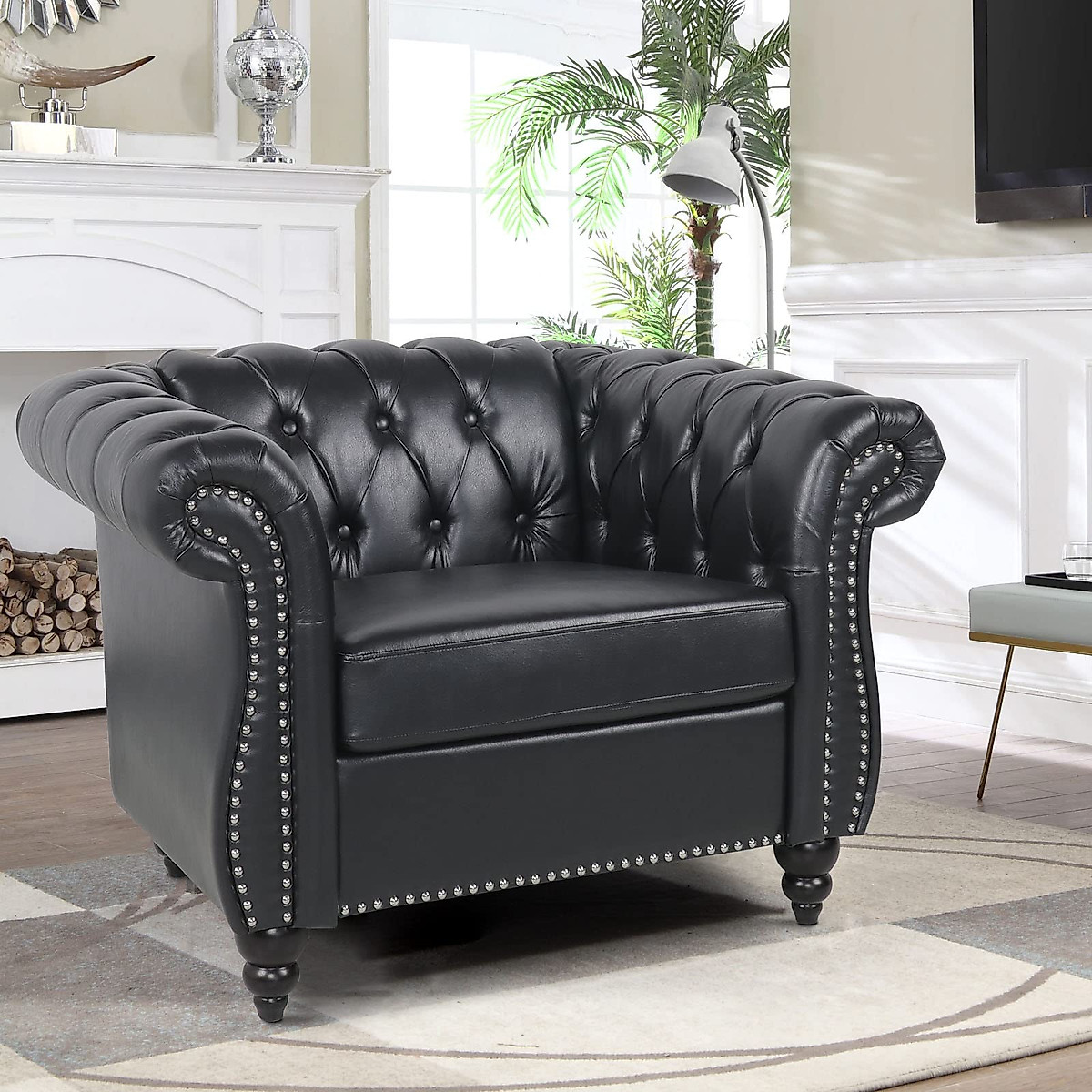 FOKWE Chesterfield Chair Leather, Upholstered Single Sofa Chair, Accent Comfy Club Armchair with Rolled Arms and Nailhead for Living Room, Bedroom (Black)