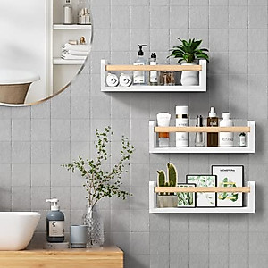 ZCO White Nursery Wall Shelves, 16 Inch Wooden Floating Shelves for Wall, Set of 3 Wall Mounted Shelves for Living Room, Bathroom Decor, Kitchen Spice Rack, White-Natural