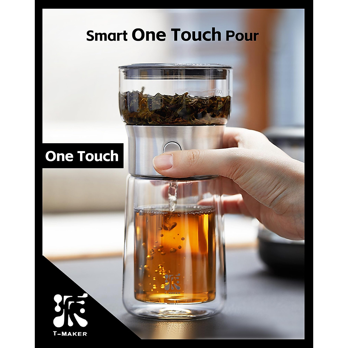 ZENS Modern Small Glass Tea Infuser Teapot, 3-in-1 Smart One Touch Tea Maker for Loose Leaf Tea Steeper, Solo Simple Tea Strainer with 9oz Double Walled Tea Cup for Hot Black, White Tea Diffuser.
