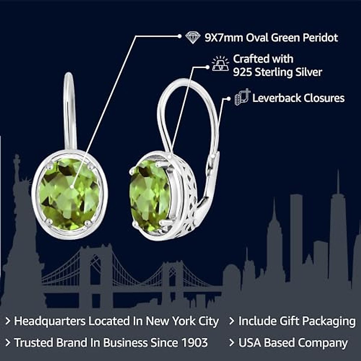 Gem Stone King 925 Sterling Silver Green Peridot Dangle Earrings For Women (3.60 Cttw, Gemstone Birthstone, Oval 9X7MM)