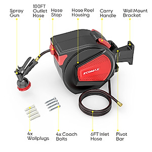 ECOMAX ELG09 1/2in. x 100ft Retractable Garden Hose Reel, Heavy Duty Water Hose Reels, Any Length Lock, Slow Return System, 8 Pattern Hose Nozzle, Wall-mounted & 180° Swivel Bracket, Black & Red