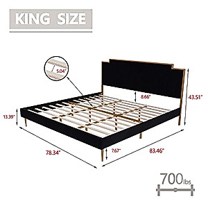 AGARTT Upholstered Platform King Size Bed Frame with Headboard Premium Stable Wood Slat Support No Box Spring Required Black