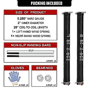 JZSDB Garage Door Torsion Springs, Pair of 0.250 x 2" x 28" Garage Door Spring with Non-Slip Winding Bars, Bearings and Gloves, Minimum of 15,000 Cycles