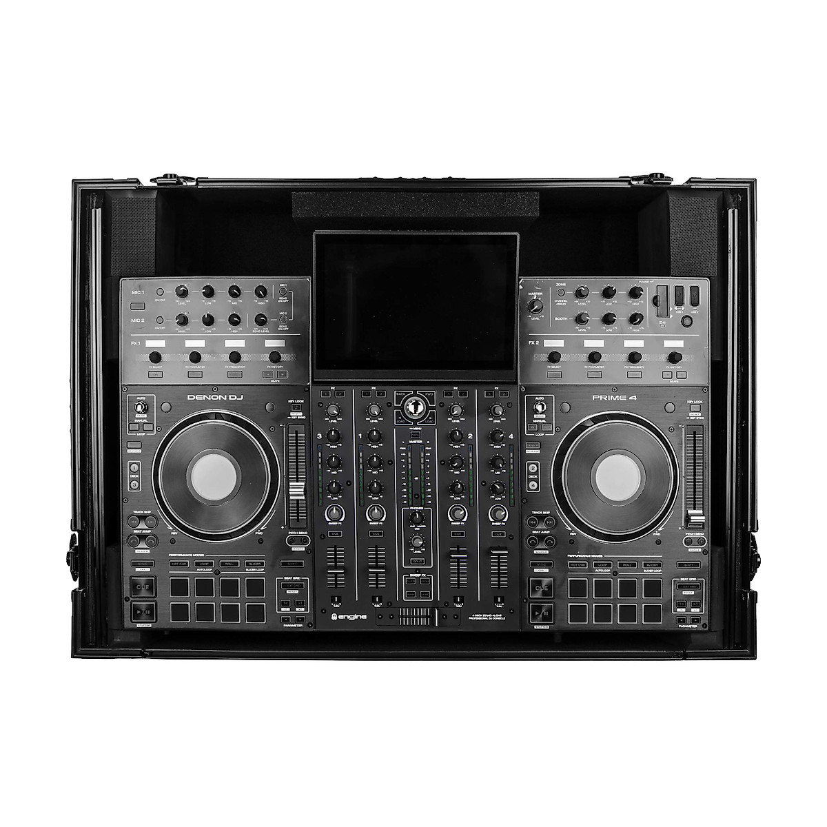 ODYSSEY FZGSPRIME4W2BL Denon Prime 4 Black Flight Case with Patented Glide Laptop Platform & 2U Rack Spaces