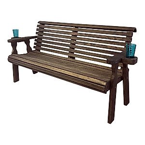 Amish Casual Heavy Duty Pressure Treated 4 Foot Outdoor Garden Bench with Cup Holders - Amish Crafted Roll Back Design in Dark Walnut Stain, 700 Lb Weight Capacity