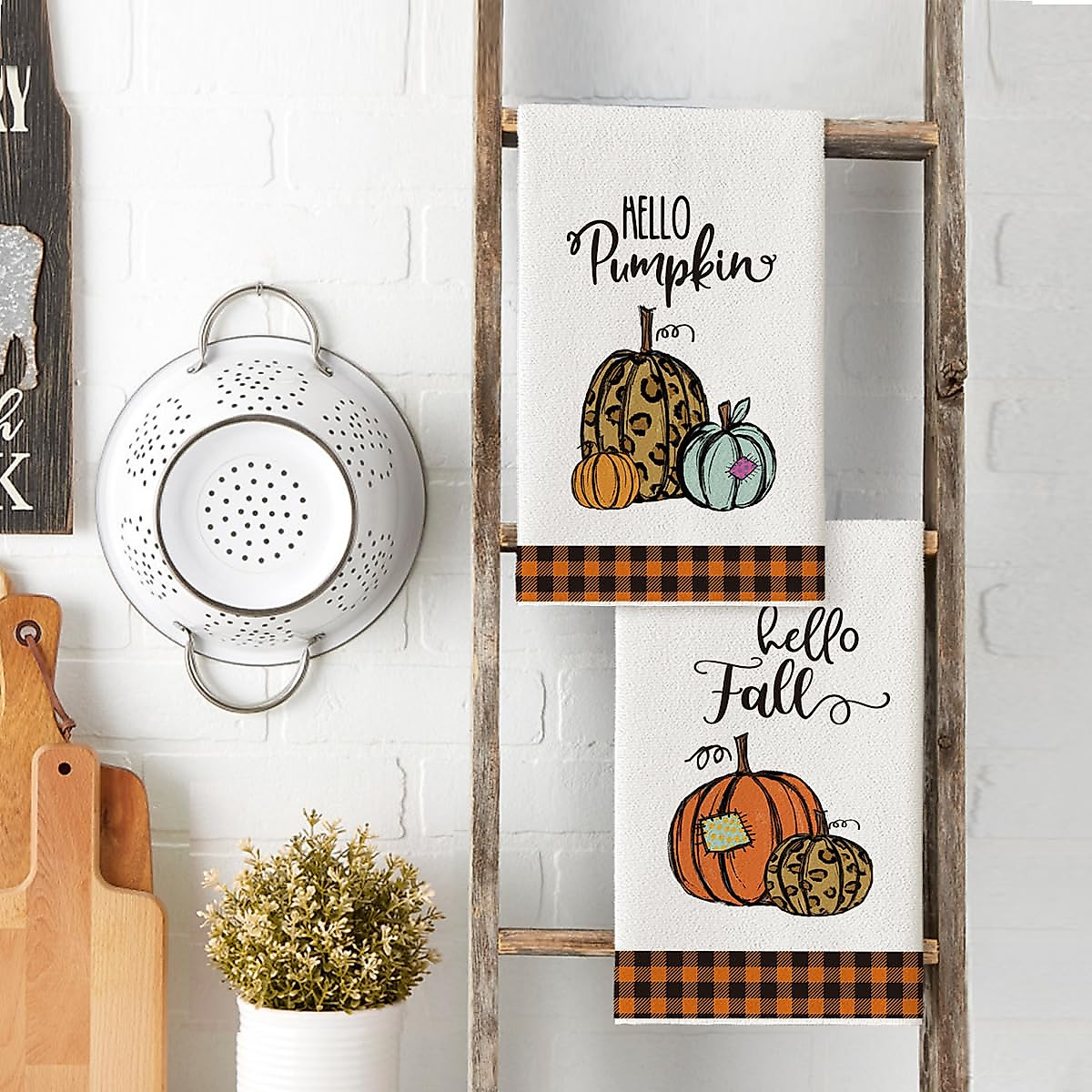 Artoid Mode Black White Buffalo Plaid Hello Pumpkin Fall Kitchen Towels Dish Towels, 18x26 Inch Seasonal Decoration Hand Towels Set of 2