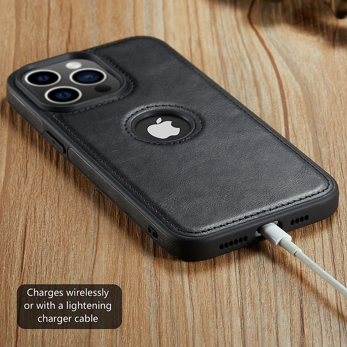 Casus Designed for iPhone 14 Pro Max Case Vegan Leather Slim Logo View Classic Luxury Elegant Thin Protective Cover (2022) 6.7" (Black)