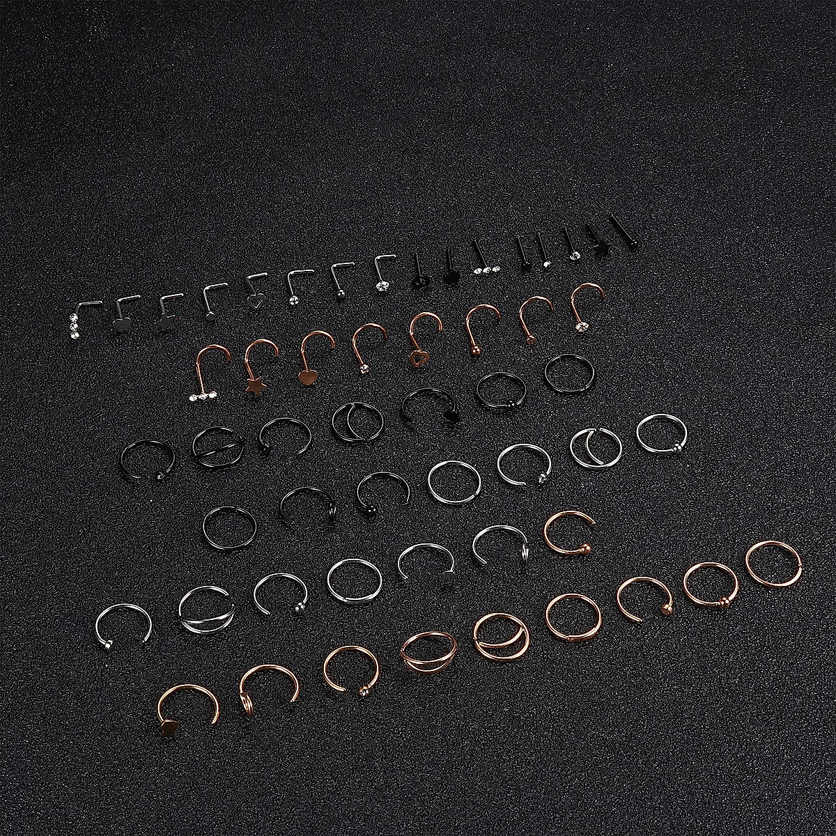 Drperfect 20G Nose Rings for Women Men Nose Piercing Jewelry Stainless Steel Nose Hoop L Shaped Screw Bone Nose Stud Silver Rose Gold Black Nose Ring Set