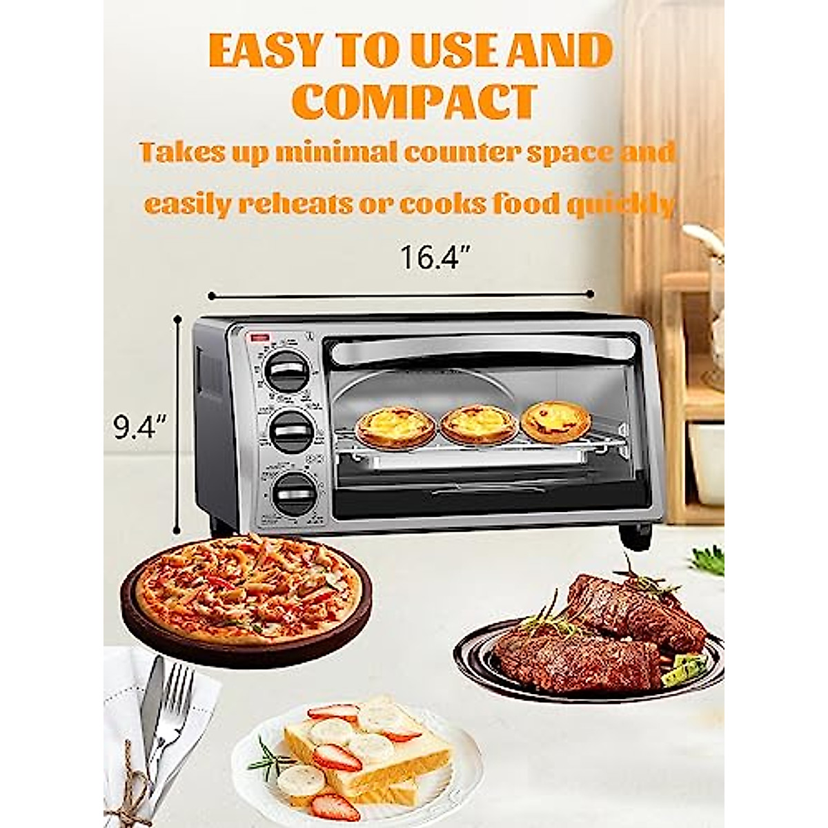 Toaster Oven 4 Slice Countertop - Pizza Oven with Timer, Convection Oven fits a 9 Inch Pizza, for Bake, Broil, Toast, Includes Baking Pan and Rack, Stainless Steel, Silver