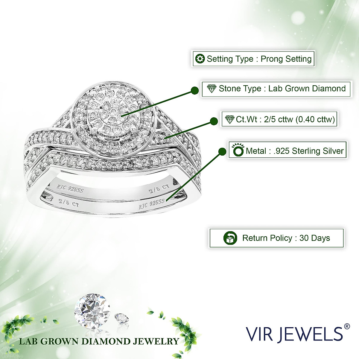Vir Jewels 2/5 cttw Lab Grown Diamond Wedding Engagement Bridal Set Round for Women in .925 Sterling Silver Prong Set Size 7